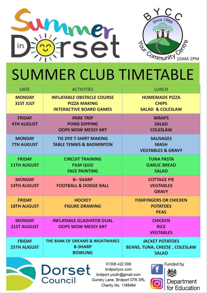 BYCC Summer Club Timetable - Bridport & West Bay